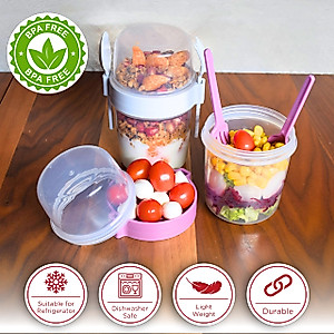 Salda 4 Pack 22 oz Breakfast On the Go Cups, Take and Go Yogurt Cup with Topping Cereal Cup with spoon and fork, Overnight Oats or Oatmeal Container Jar, Colorful Set of 4 (22, Oval, 4, 650ml)