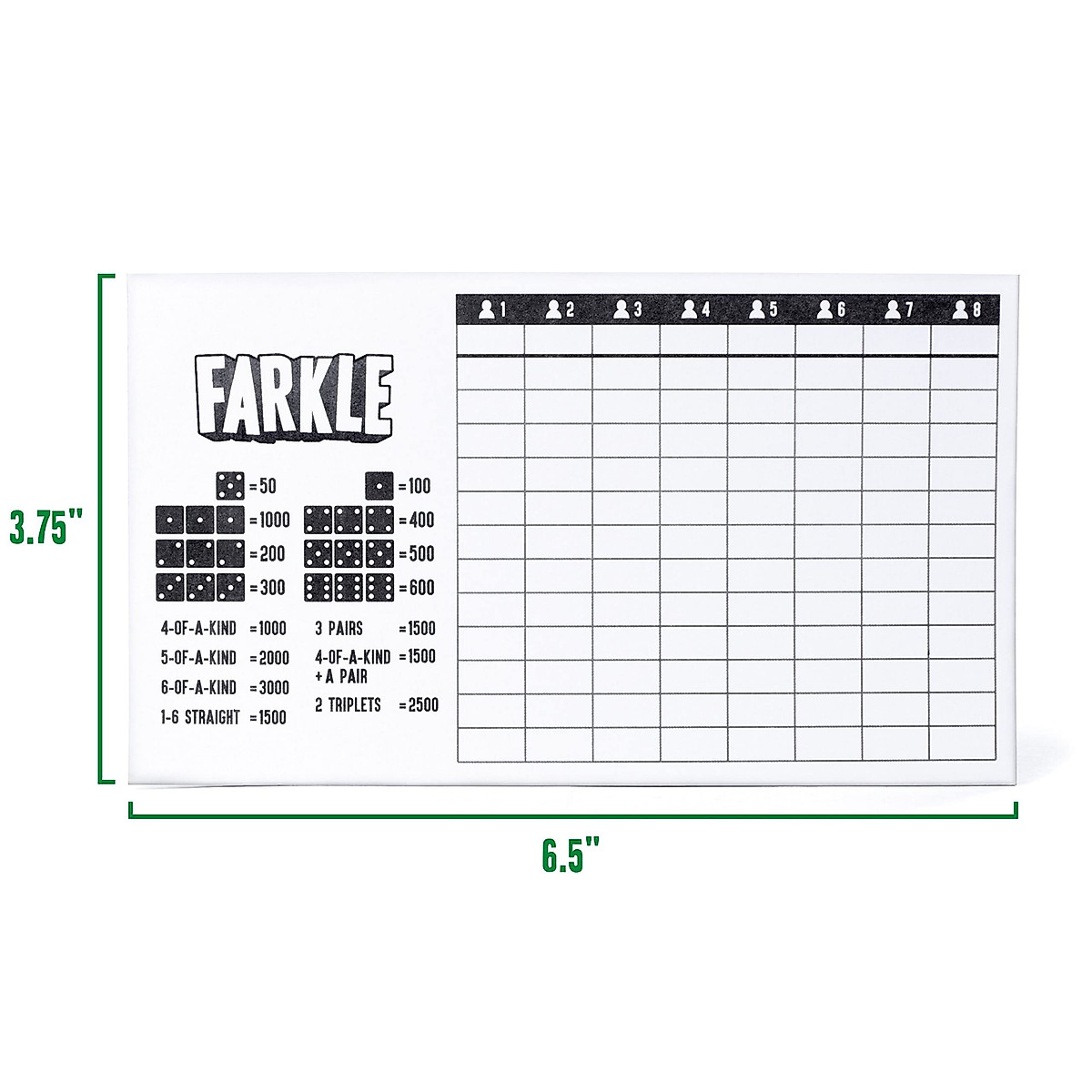 Brybelly Farkle Scorecards – Set of 75 Replacement Score Sheets for Farkle Dice Games for Up to 8 Players