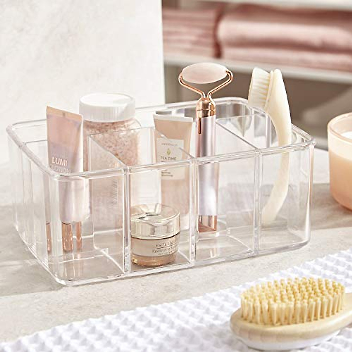 STORi 5-Compartment Clear Plastic Organizer | Rectangular Divided Makeup and Vanity Storage Bin and Office Desk Caddy | Scalloped Wall Design | Made in USA