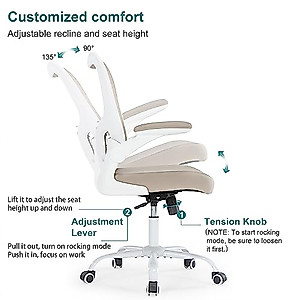Office Chair Ergonomic Desk Chair - PU Leather Thick Cushion Adjustable Height Computer Chair with Lumbar Support and Flip-up Armrests, Home Office Desk Chairs, Swivel Executive Task Chair, Khaki