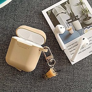 UR Sunshine Case Compatible with AirPods 1/2, Creative Candy Color Soft TPU Silicone Case Cover Protective Skin for AirPods 1/2 with Drink Milk Tea Bottle Pendant Keychain-Khaki