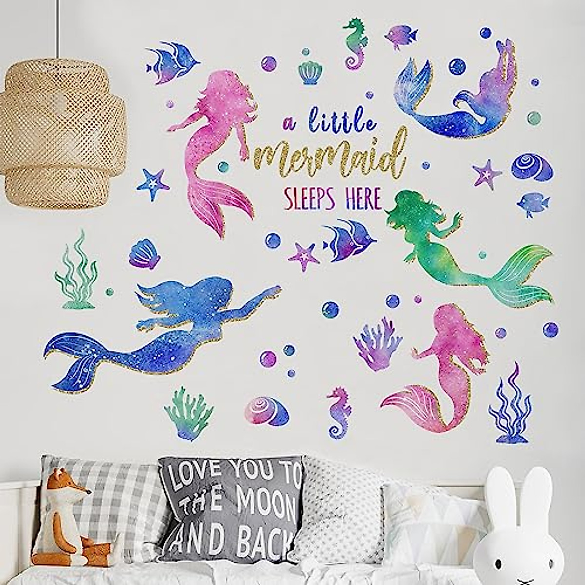 Yovkky Baby Girls Mermaid Wall Decals Stickers, Under The Sea Ocean Creatures Fish Conch Bubble Glitter Nursery Kids Room Crib Decor, A Little Mermaid Sleeps Here Home Decorations Bedroom Art