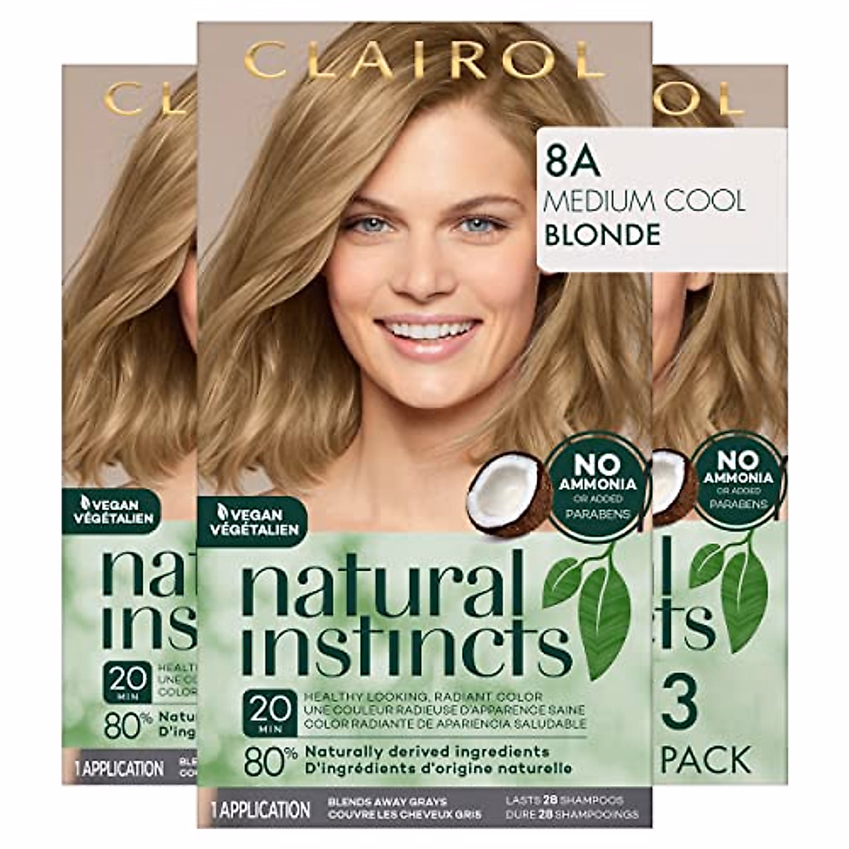 Clairol Natural Instincts Demi-Permanent Hair Dye, 8A Medium Cool Blonde Hair Color, Pack of 3