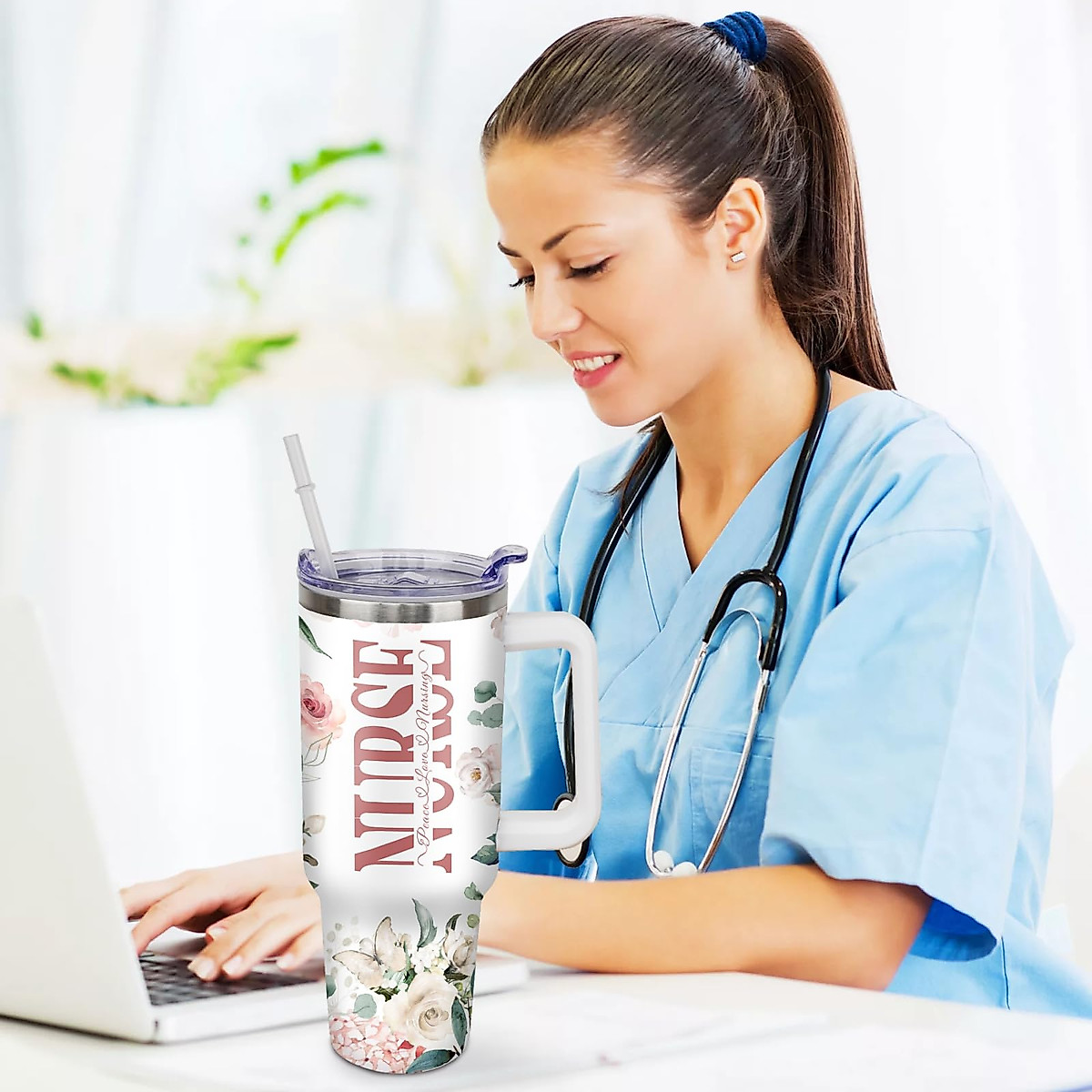qoepfnsh Nurse Tumbler Pink Floarl 40 oz Tumbler with Handle Nurse Travel Coffee Mug Cup Stainless Steel Insulated 40oz Tumblers with Lid and Straw Nurse Gifts for Women