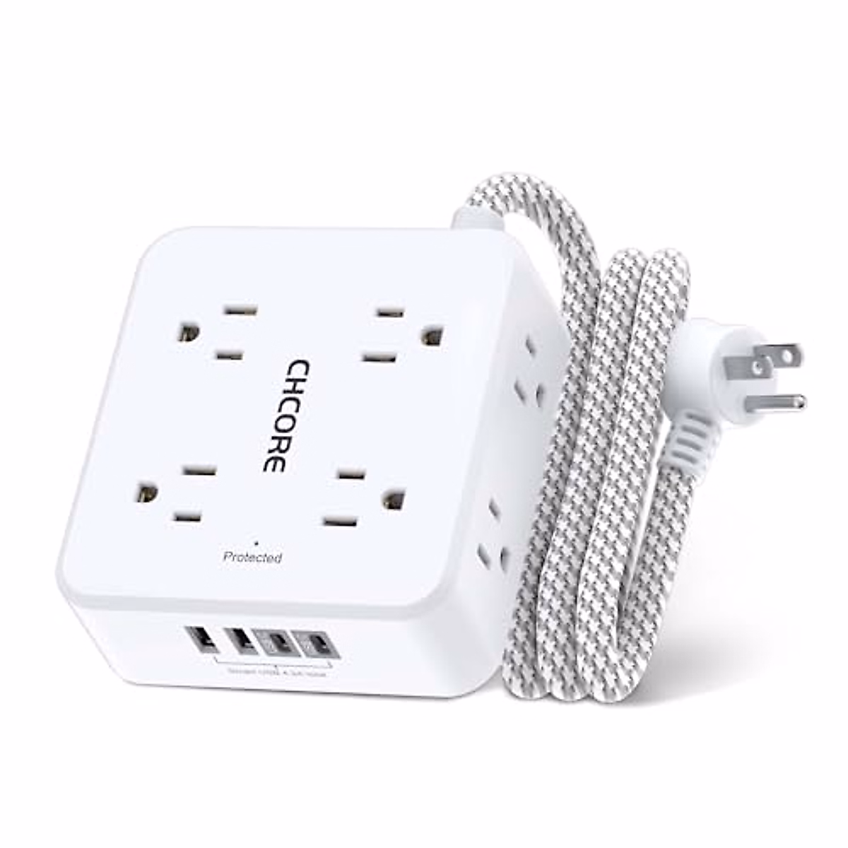 Surge Protector Power Strip - CHCORE 5Ft Braided Extension Cord with 8 Outlets with 4 USB (2 USB C) Charging Ports, Flat Plug Multi Plug Outlet Extender Charging Station for Home Office, ETL, White