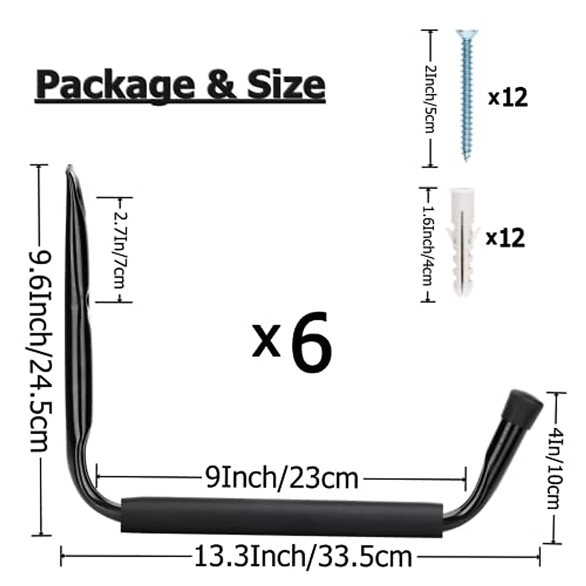 Whrsinlor Heavy Duty 13 Inches Jumbo Arm Indoor Outdoor Storage Wall Hooks, Garage and Garden Steel Organizer Rack, 6 Pack Garage Storage Hooks