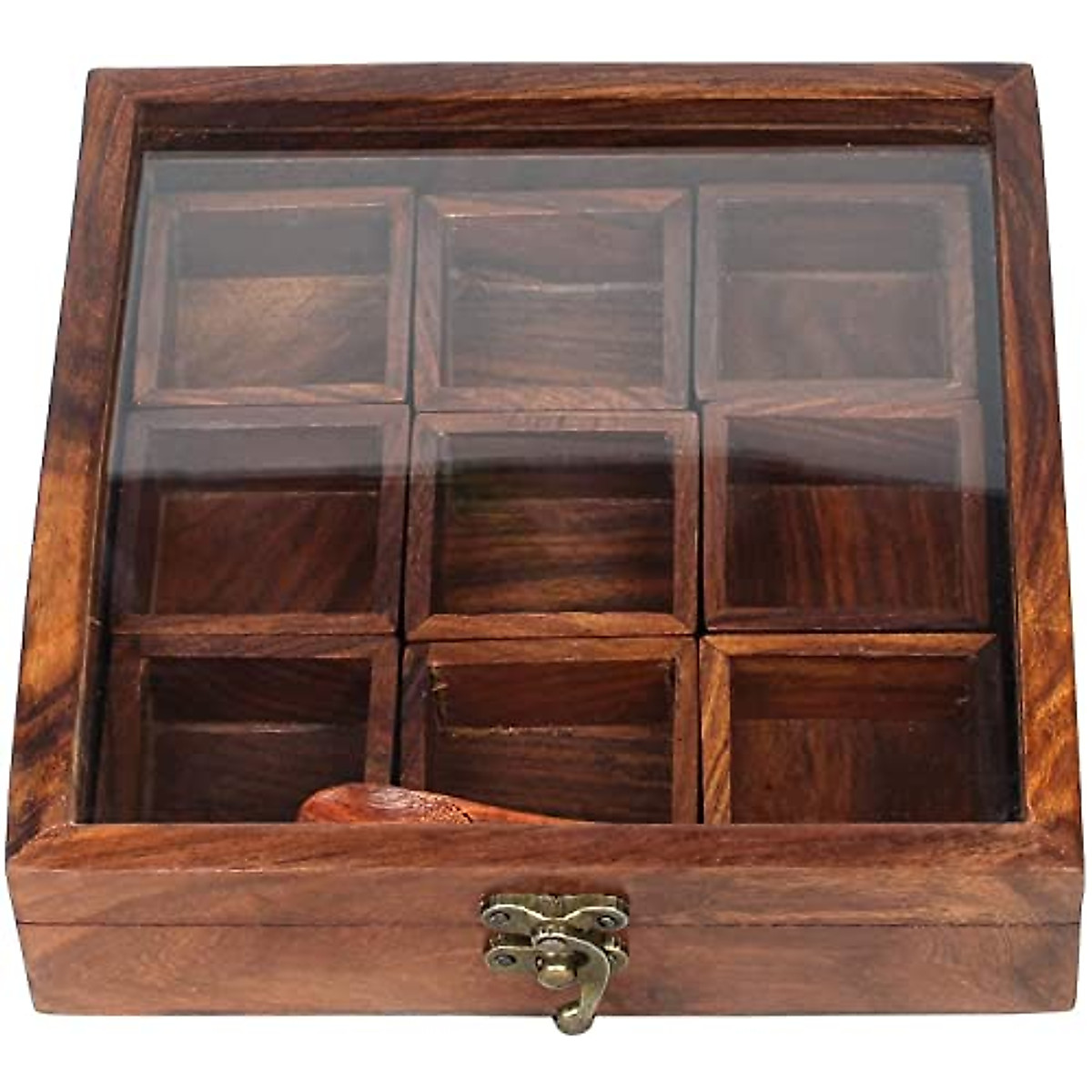Ajuny Wooden 9 Containers Masala Dabba Spice Box with Glass Lid on Top and Spoon, 5.5x20.5 Cm