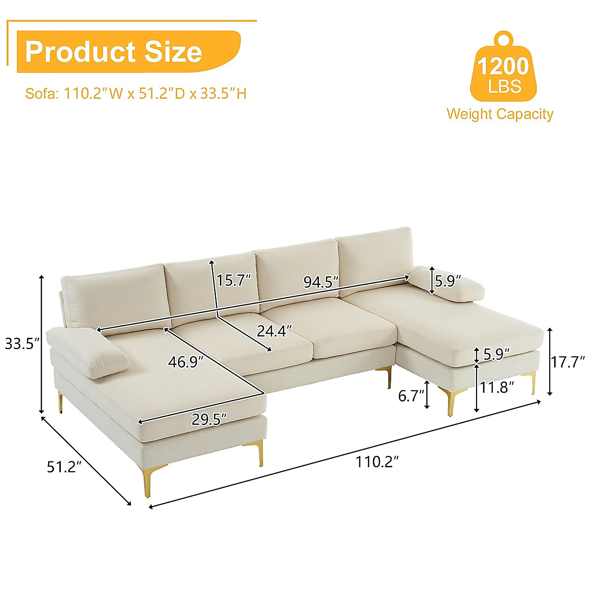 Artisasset Sectional Sofa Couch U-Shape 110" Sectional Sofa Linen Fabric Sofa Set with Double Chaise for Living Room, Studio, Office, Apartment, Beige