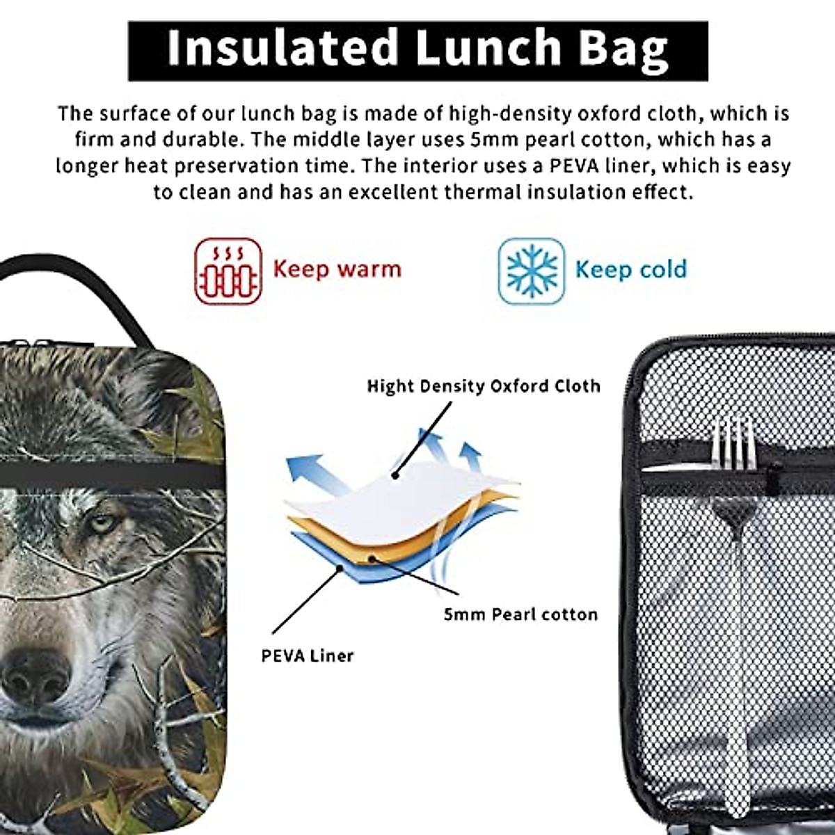 srufqsi Portable Lunch Bag, Forest Camouflage Wolf Insulated Lunch Tote With Side Pocket, Reusable Lunchboxes for Travel Picnic Work Outdoor
