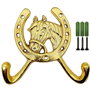 5MOONSUN5 Brass Horseshoe Hook, Rustic Ranch Wall Mounted Coat Hanger, 1.1x4.5x5 inches, 3.5 lbs Weight Capacity, Gold Finish