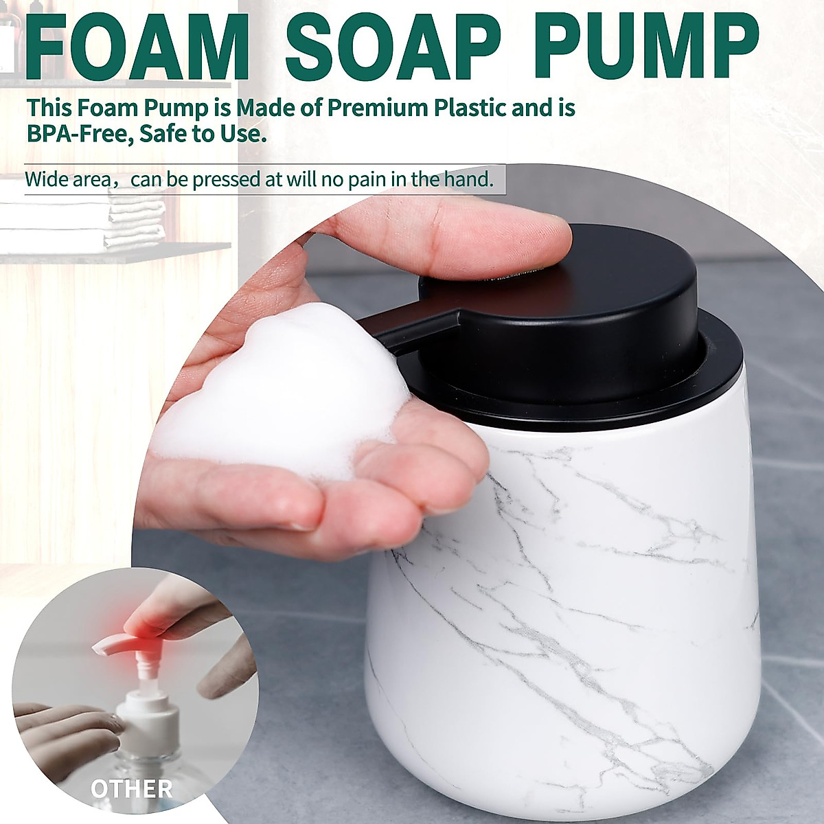 Bosilunlife Ceramic Foaming Soap Dispenser - 12 oz Marble Foam Hand Soap Dispenser Bathroom Countertop Soap Dispensers Kitchen Dish Soap Pump Dispenser Liquid Soap Dispenser for Bathroom