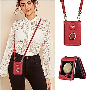 Phone Flip Case Premium Leather 2 in 1 Wallet Case Compatible with Samsung Galaxy Z Flip 5 5G,Magnetic Closure Purse W Rotation Ring Stand/Card Slots Holde/Lanyard Crossbody ShocOproof Protective Phon