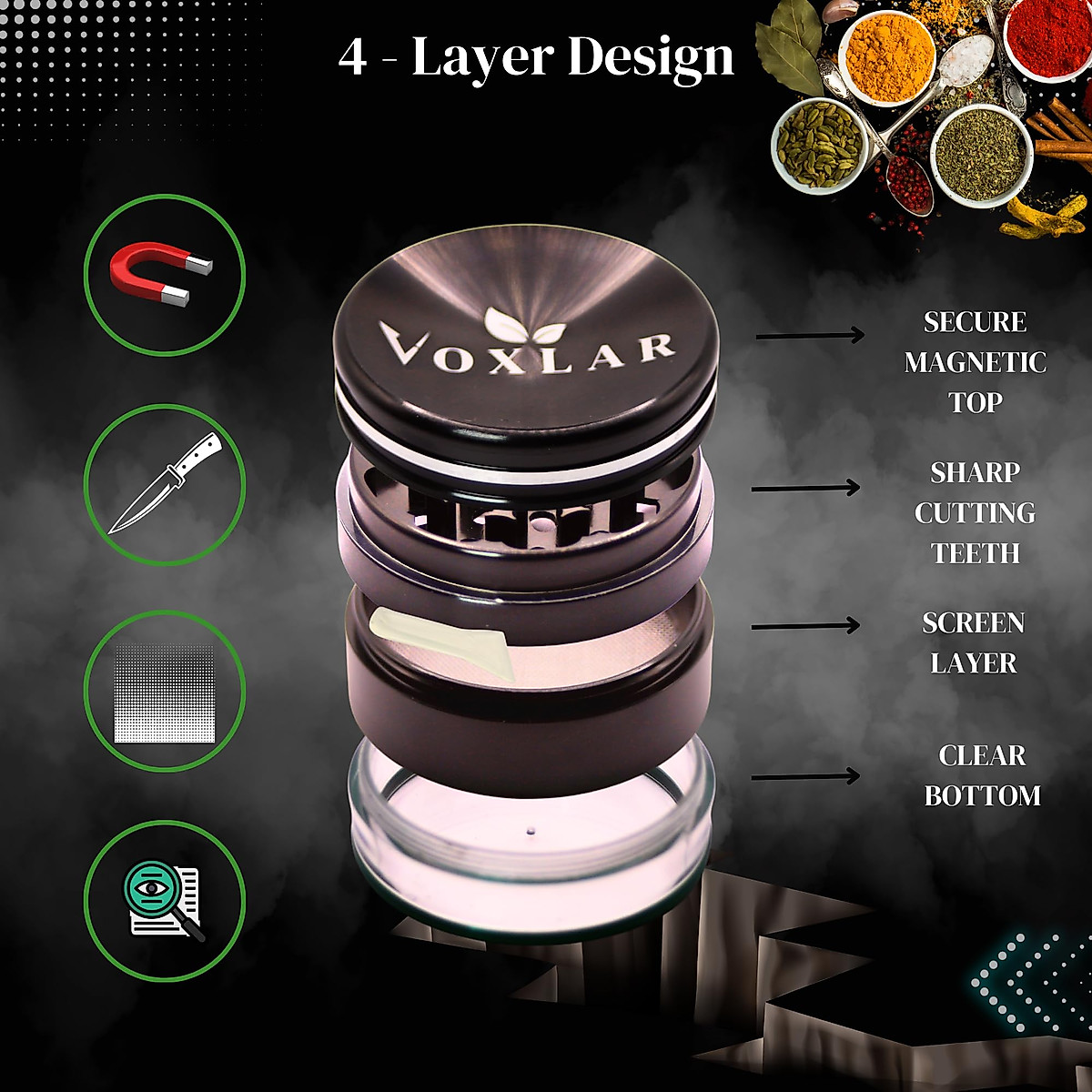 VOXLAR 2.5 Inch Grinder Mills, Aluminum (Black)