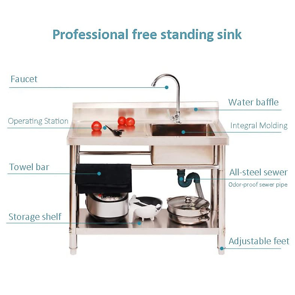 QQXX 304 Stainless Steel Commercial Sink,Free Standing Kitchen Sink Single Bowl,Utility Sink Set with Faucet & Drainboard,Washing Hand Basin with Workbench & Storage Shelves Indoor Outdoor 39inch