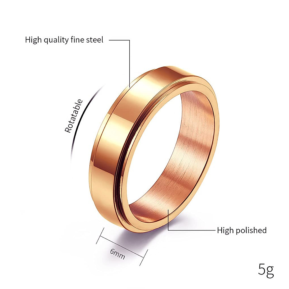 HIJONES Women's Stainless Steel Spinner Ring Band 6mm for Anxiety Women Rose Gold Plated Polished Size 9