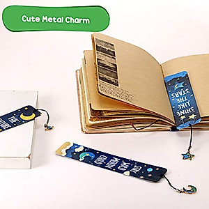 12 Pcs Bookmarks for Children Cat Moon Star Celestial Theme Space Bookmarks with Metal Charms Inspirational Quotes Bookmarker Gift for Kids Boys Girls School Reading (Novelty Style)