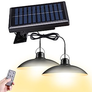 Lampelc Solar Shed Light with Remote Control, 400LM Solar Powered Pendant Light with 2Pcs 9.84ft Cable, IP65 Waterproof Solar Lights Indoor Outdoor for Garage Patio Barn Chicken Coop