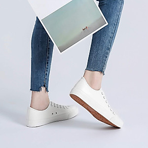 Waluzs Women's White PU Leather Sneakers Low Top Tennis Shoes Lace up Casual Sneakers Walking Shoes, US11