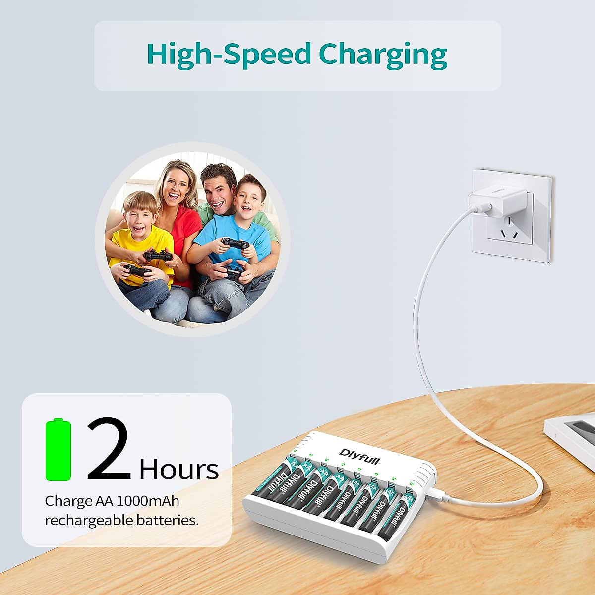 Dlyfull 8 Bay AA AAA Battery Charger with Type-C High-Speed Charging, Independent Slot for Ni-MH Ni-CD Rechargeable Batteries, Cable Included