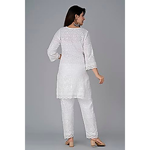 JG JAI GOVINDAM Chikankari Cotton Indian Kurtis for Women Summer Dresses Tunic Top Pant Set Pakistani Salwar Kameez Suit Set White-(X-Large)