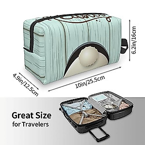 Women Lightweight Makeup Bag Pouch Compatible with Bunny Rabbit Eggs Blue Wooden Happy Easter Toiletry Bag, Funny Travel Cosmetic Bag Portable Bag with Zip for Office College