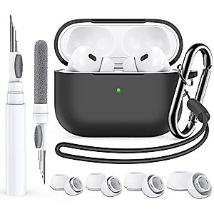 GOKIMAE for AirPods Pro 2nd Generation Case (2022) with Replacement Silicone Eartips (XS,S,M,L) and AirPod Cleaner kit, Soft Silicone AirPods Pro 2 Case Cover with Keychain and Lanyard (Black)