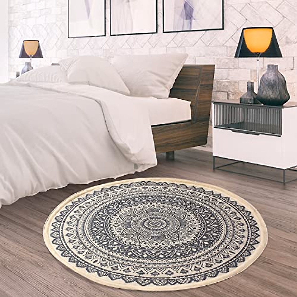 nd Round Rugs 3ft Bedroom Rug Mandala Bohemian Vintage Pattern Round Carpet Circle Area Rug Cotton Hand Woven Table Rug with Tassels Indoor Living Room Kids Room Bathroom mat, Black/Blue