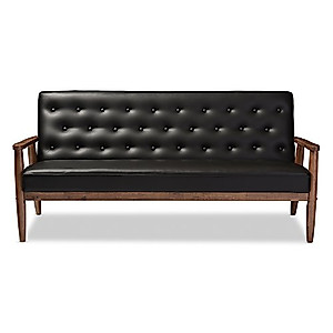 Baxton Studio Sorrento Mid-Century Retro Modern Faux Leather Upholstered Wooden 3-Seater Sofa, Black
