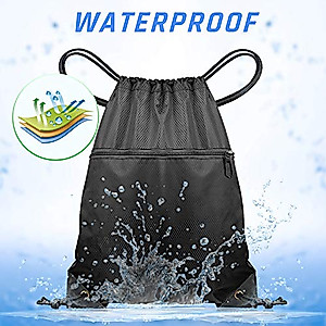 CHEPULA Drawstring Gym Bag, Large Sports Backpack String Swim Drawstring PE Bags for Women Men, Waterproof Travel Beach Bag (Black)