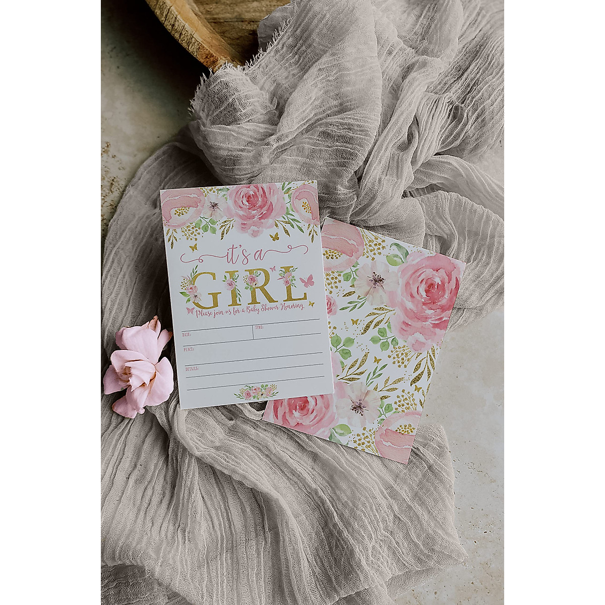 Your Main Event Prints It's a Girl Floral Butterfly Baby Shower Invitation, Pink and Gold Flowers Sprinkle Invites with Diaper Raffle Ticket Cards