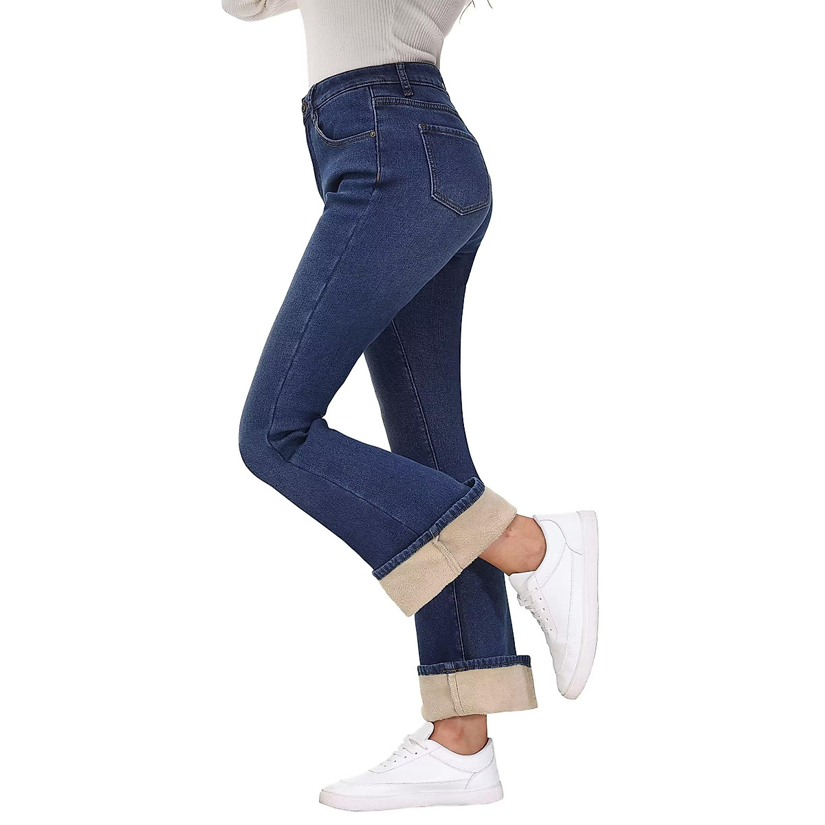 KDF Women's Fleece Lined Jeans Flare Bell Bottom Jeans Winter Super Warm Thick Fleece Denim High Waisted Stretch Jeans Fleece Pants 14,Dark Blue