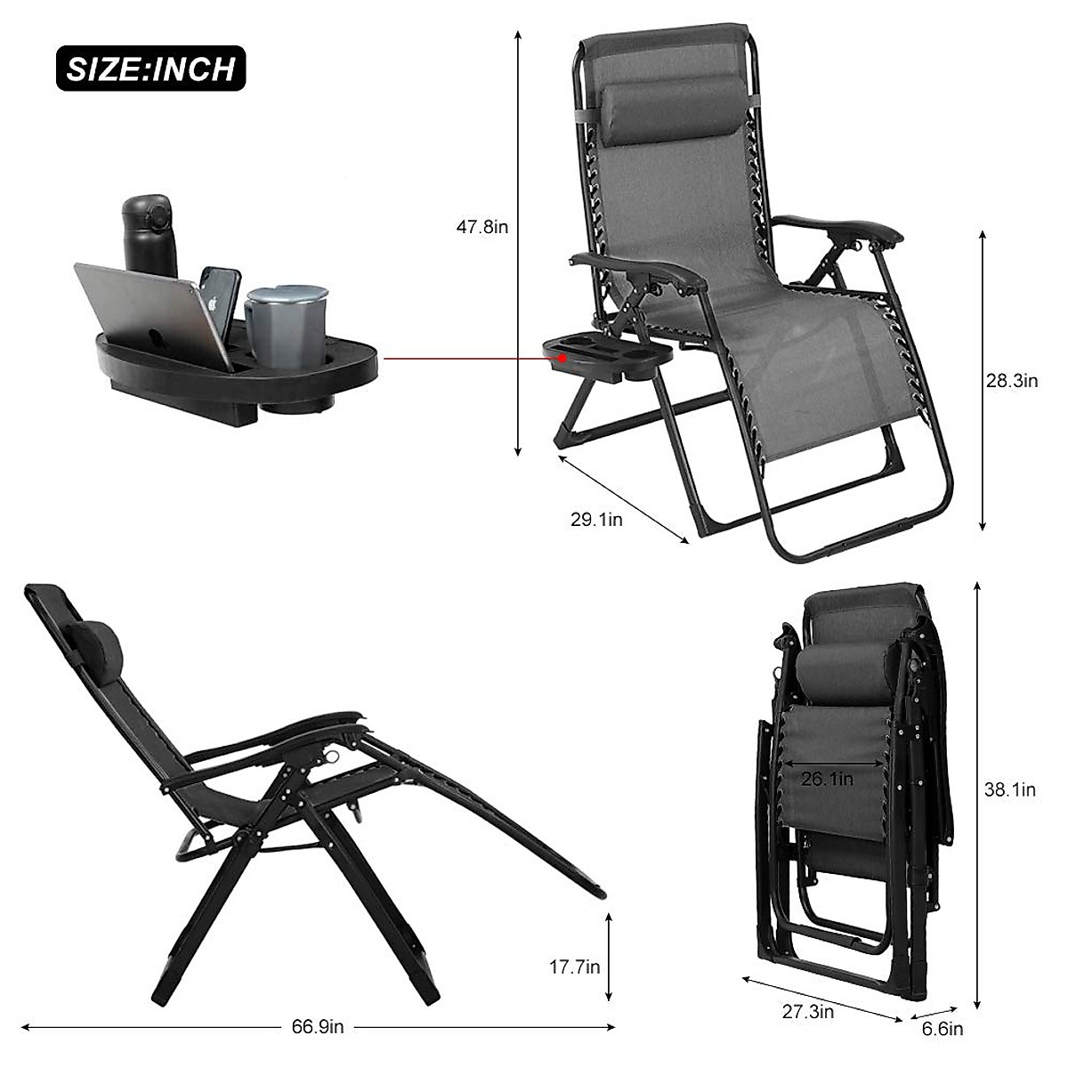 Outdoor Oversized Zero Gravity Chair, XL Adjustable Patio Lounge Recliner Chair with Lumbar Support and Pillow, Folding Recliner for Backyard, Beach, Lawn Pool Deck Camping with Cup Holder, Black