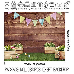 Allenjoy 10x8ft Fabric Spring Easter Backdrops for Girls Photography Wrinkle Free Happy Bunny Rabbit Green Grass Brown Wooden Wall Baby Shower Kids Newborn Portrait Background Photo Studio Shooting