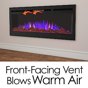 50” Electric Fireplace-Wall Mount or Recessed-3 Color LED Flame–Faux Log, Pebbles & Crystal Media Options, with Heat or No Heat by Lavish Home (Black)