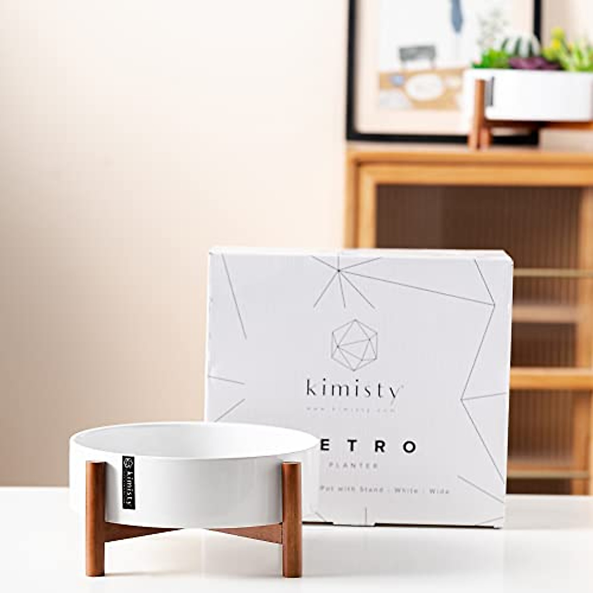 kimisty 10 Inch Succulent Planter, Large Round Bowl with Drainage, Mid Century White Ceramic Pot with Wood Stand, Succulent Garden Shallow Pot, Tabletop Centrepiece, Includes Gift Pack