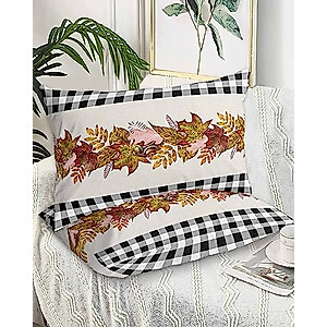 Edwiinsa Thanksgiving Pillow Covers Standard Size Set of 2 Bed Pillow, Farmhouse Fall Maple Leaf Black White Plaid Plush Soft Comfort for Hair/Skin Cooling Pillowcases with Envelop Closure 20''x26''