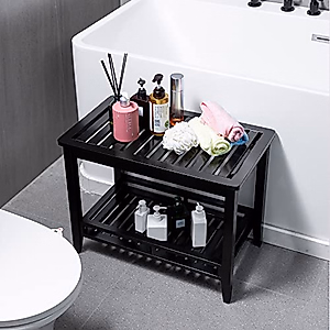 Zoopolyn Bamboo Shower Bench Stool with Storage Shelf Shower Bath Seat for Shaving Legs Waterproof in Bathroom & Inside Shower Black