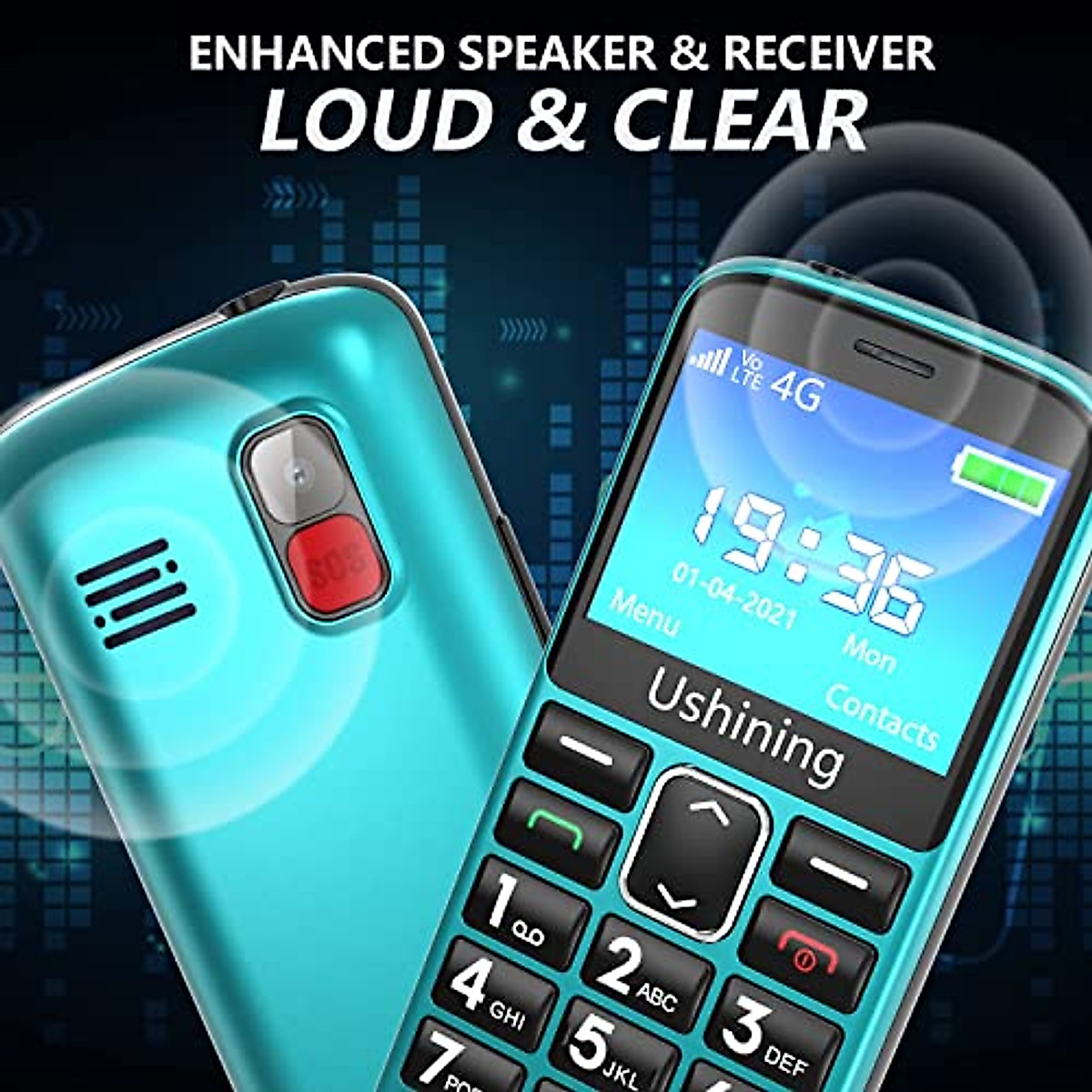 USHINING 4G Senior Cell Phone Unlocked SOS Big Button Senior Basic Phone 2.4 Inch Large Screen High Volume Unlocked Mobile Phone for Elderly with Charging Dock (Emerald Green)