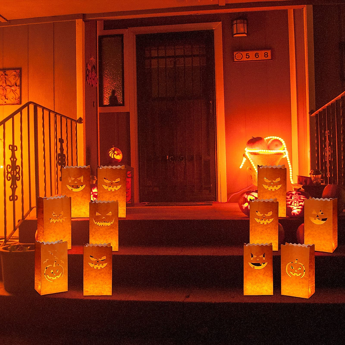 Mimorou 140 Pcs Halloween Pumpkin Bags Luminary Bags Cute Paper Lantern Candle Bags Flame Resistant Halloween Party Decoration, 7 Styles