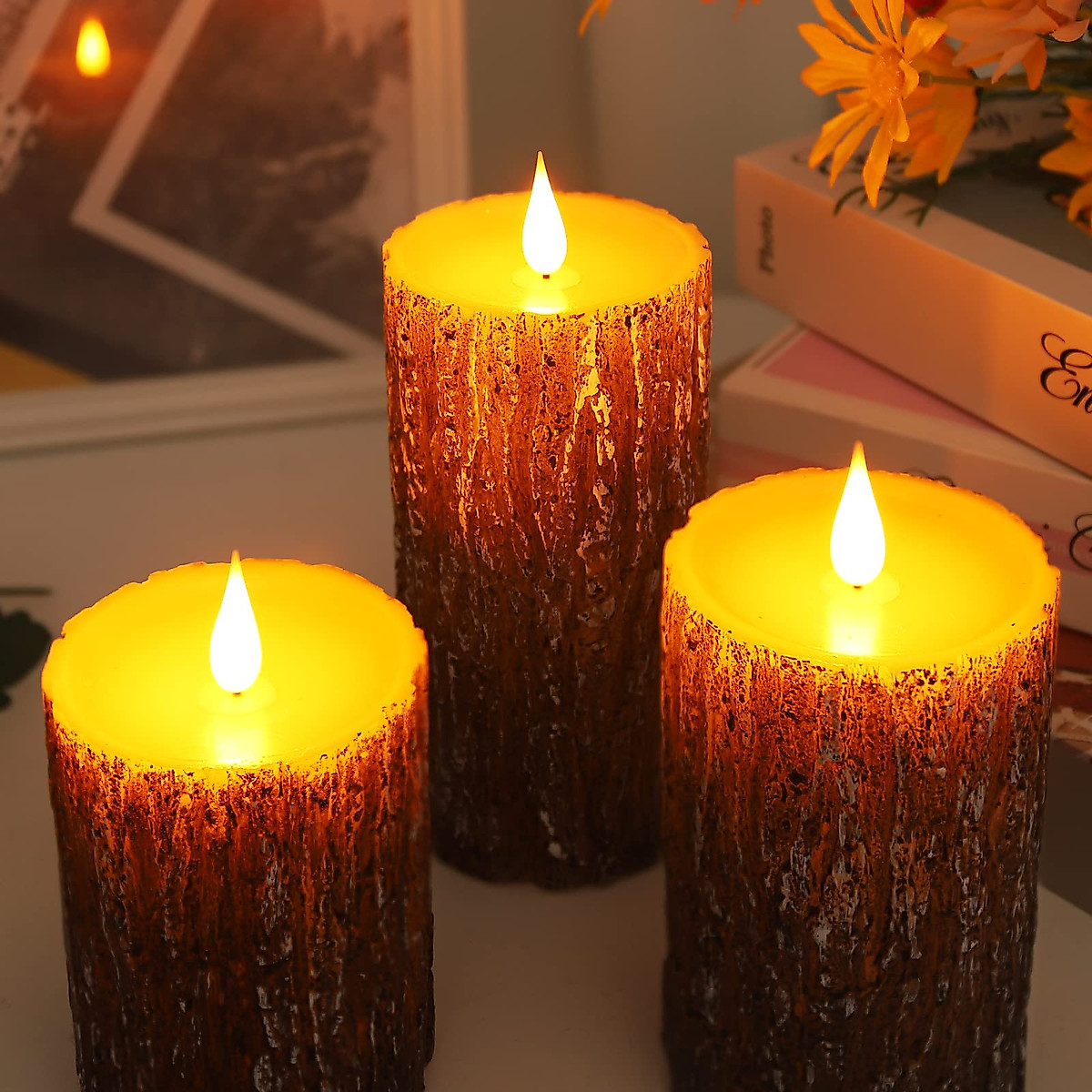 Enpornk Flameless Candles Battery Operated Pillar Pine Effect Real Wax Flickering 3D Wick Electric LED Decorative Candle Sets with Remote Control Cycling 24 Hours Timer, 4" 5" 6" Pack of 3