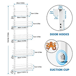 Purdaz Adjustable 5-Tier Over the Door Pantry Organizer, Spice Rack, Narrow Hanging Shelf for Kitchen Storage and Organization (White)