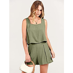 ANRABESS Womens 2 Piece Outfits Linen Square Neck Crop Short Set Lounge Matching Sets 2023 Trendy Clothes Summer Vacation Set for Beach Vacation Resort 997zhonglv-M