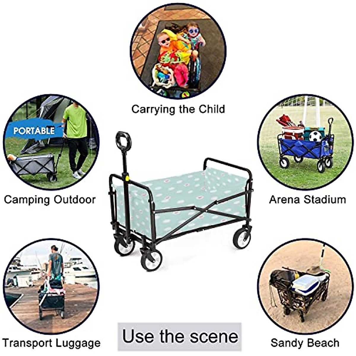 Collapsible Wagon Cart Seamless of White Dots and Pink Hearts on Pastel Green Foldable Utility Wagon Large Capacity Garden Cart with Push Bar for Beach Camp Outdoor Shopping