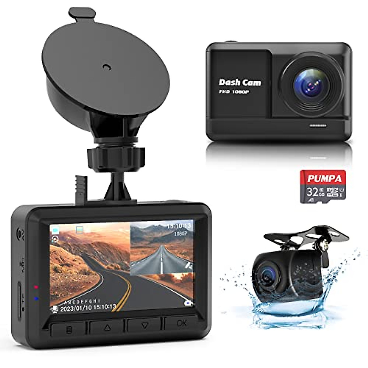 Dash Cam Front and Rear, 1080P Full HD Dash Camera for Cars with 32GB SD Card, 2.45'' IPS Screen, 170°Wide Angle, Night Vision, Parking Monitor, Loop Recording, Motion Detection