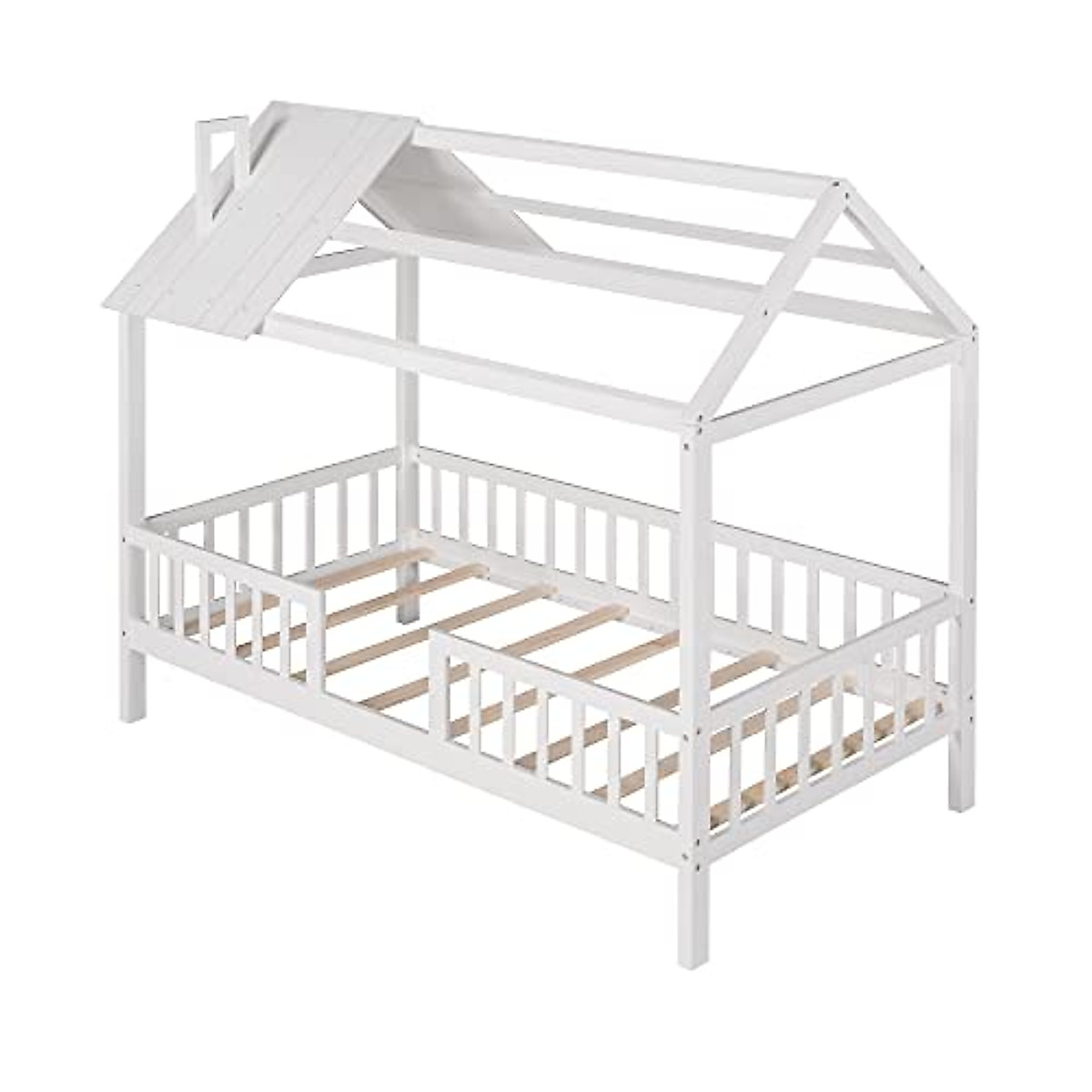 LostCat Kids House Bed,Twin Size Bed House Wood Montessori House Bed Frame with Fence and Rails, House Bed Kids Montessori Beds Playhouse Tent Bed, Solid Wood Platform Bed Frame for s, White