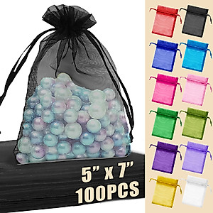 Luceinvita 100pcs Olive Green Organza Favor Bags, 5x7 Inches Wedding Gift Bags Sheer Mesh Bags with Drawstring for Jewelry Candy Soaps Baby Shower Sample Pouches