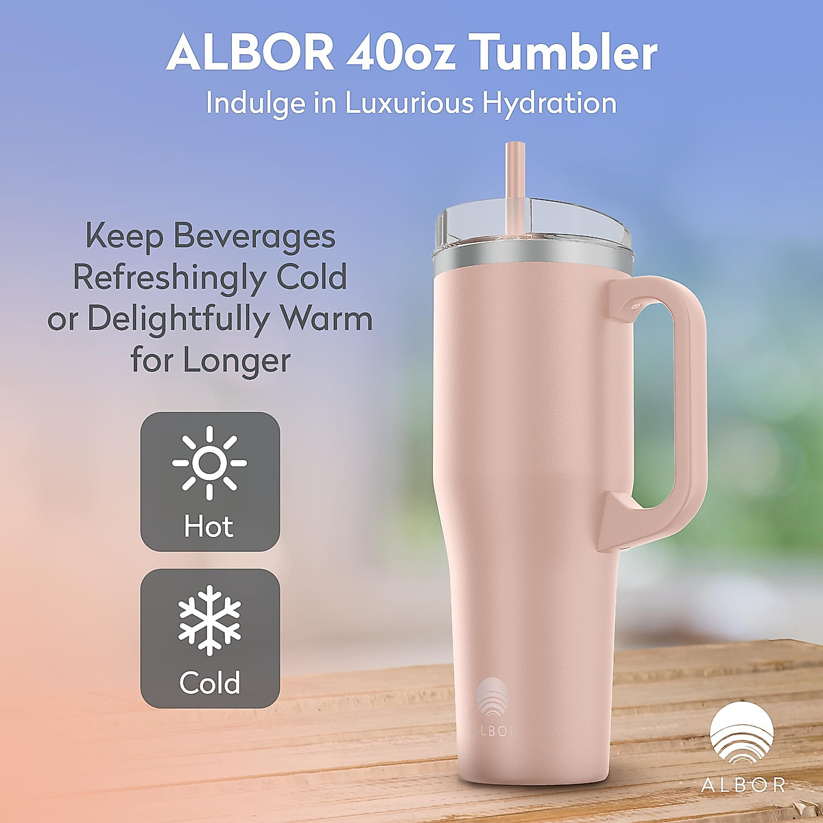 ALBOR 40 oz Tumbler With Lid and Straw, Leak Proof Durable Stainless Steel Insulated Tumbler With Handle, Spill Proof Water Bottles With Straw (Rose Gold, 40 oz)