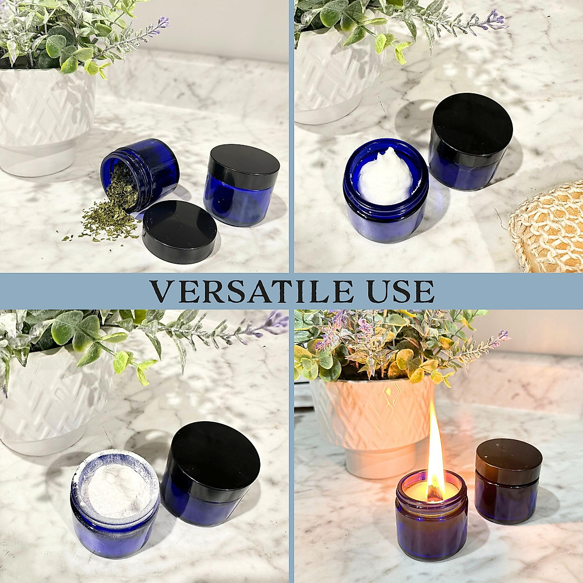 Cornucopia 2oz Cobalt Blue Glass Cosmetic Jars (12-Pack); Straight Sided Jars w/Black Plastic Lined Lids for Balms, Cosmetics, Creams & More