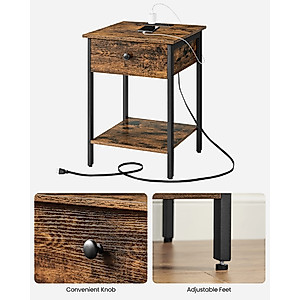 VASAGLE Nightstand with Charging Station, Side Table with Drawer and Open Shelf, End Table, for Bedroom, Easy Assembly, Industrial, Plug-in Series, Rustic Brown and Black ULET513B01