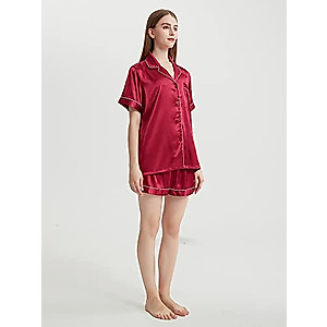 Honypove Silk Satin Pajamas for Women Super Soft Short Sleeve Womens Pajamas Sets Button-Down Sleepwear Pj Sets (Small, Wine Red)